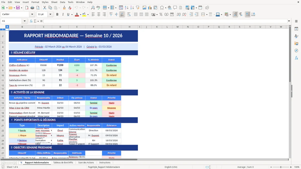 Modèle Rapport Hebdomadaire Excel Gratuit - 2026